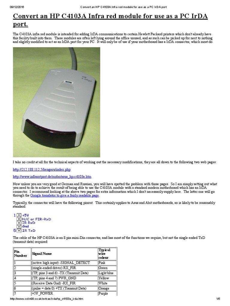 Convert An HP C4103A Infra Red Module For Use As A PC IrDA Port | PDF ...