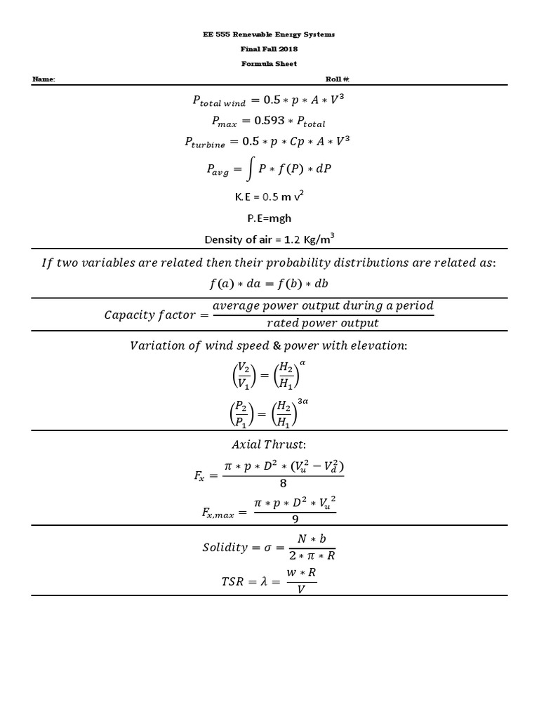 Formula Sheet for Renewable Energy Systems Final Exam Covering Key ...