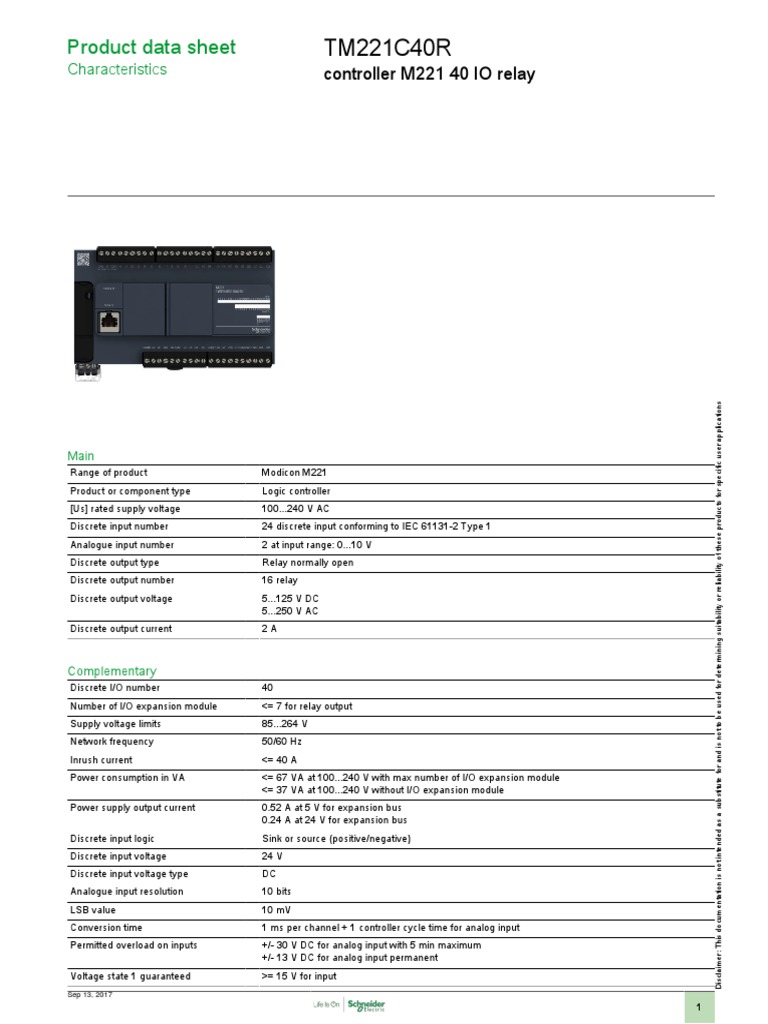 Modicon M221 Controller Specs | PDF | Usb | Power Supply