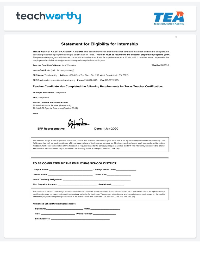 Statement of Eligibility | PDF | Internship | Job Hunting