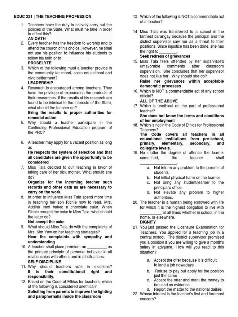 EDUC 221 - QUIZZES Reviewer | PDF | Teachers | Behavior Modification