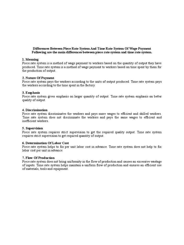 Piece Rate vs. Time Rate Wage Systems | PDF | Business