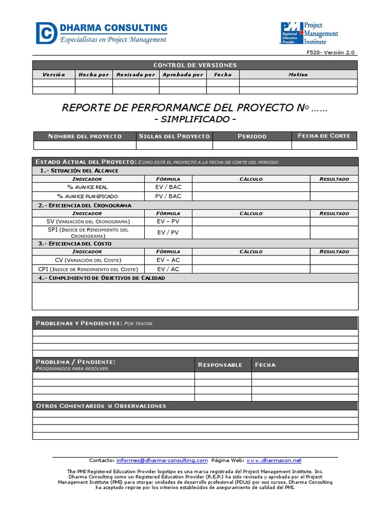 Formato de Reporte de Performance Del Proyecto Simplificado | PDF