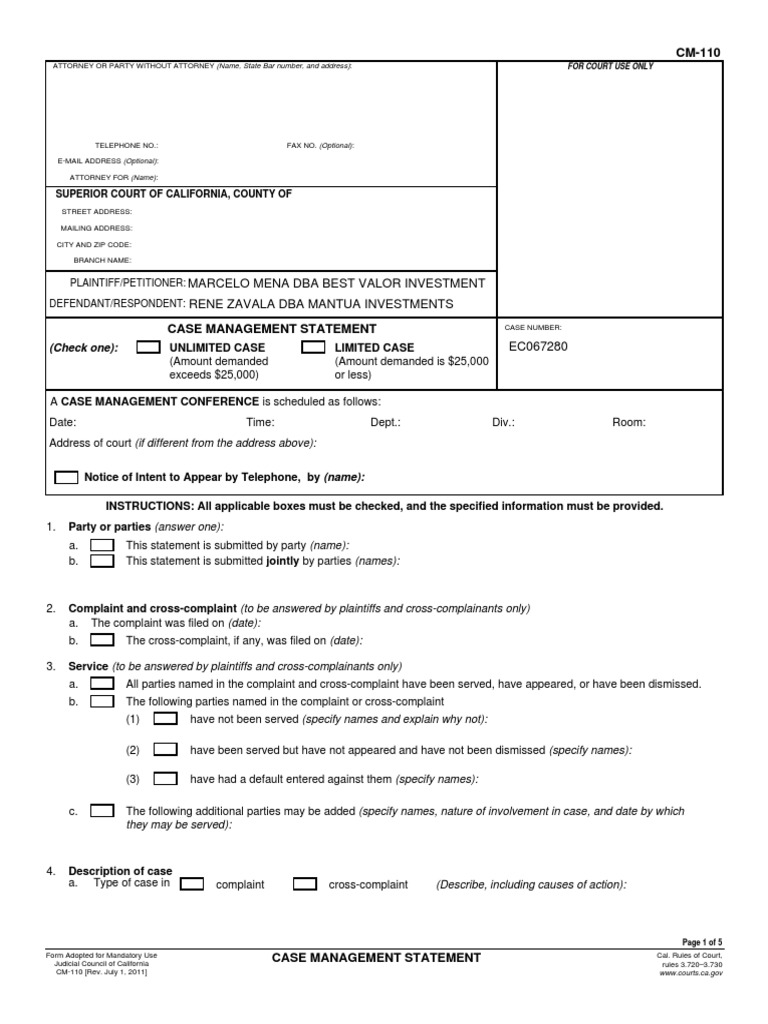 Case Management Statement CM-110 | PDF | Alternative Dispute Resolution ...