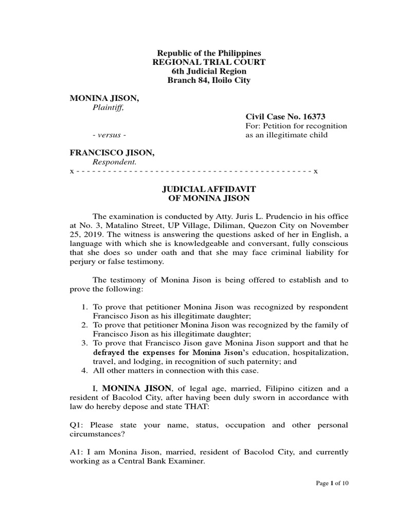 1 - Judicial Affidavit - Monina Jison | PDF | Perjury | Common Law