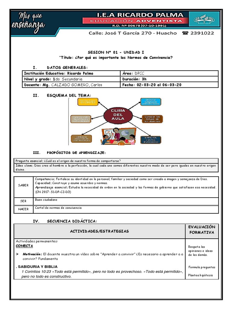 1sec DPCC Unid 01 - Sesion 01 - 2020 Normas de Conv en Aula | PDF | Aprendizaje | Sicología