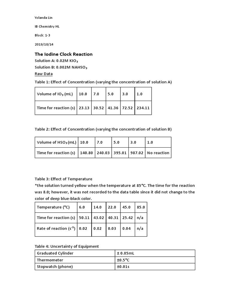 Iodine Clock Reaction Kinetics Study | PDF | Reaction Rate | Chemical ...