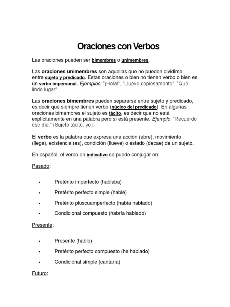 Oraciones Con Verbos Pdf Verbo Asunto Gramática