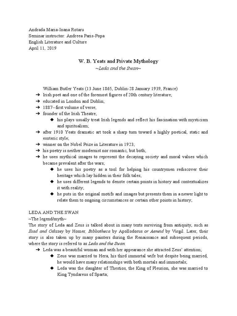 Yeats' Leda and the Swan Analysis | PDF | W. B. Yeats | Poetry