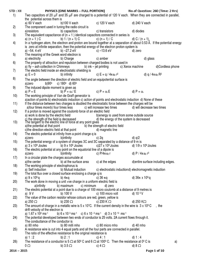 Additional One Marks Question Paper 1 | PDF | Electric Field ...