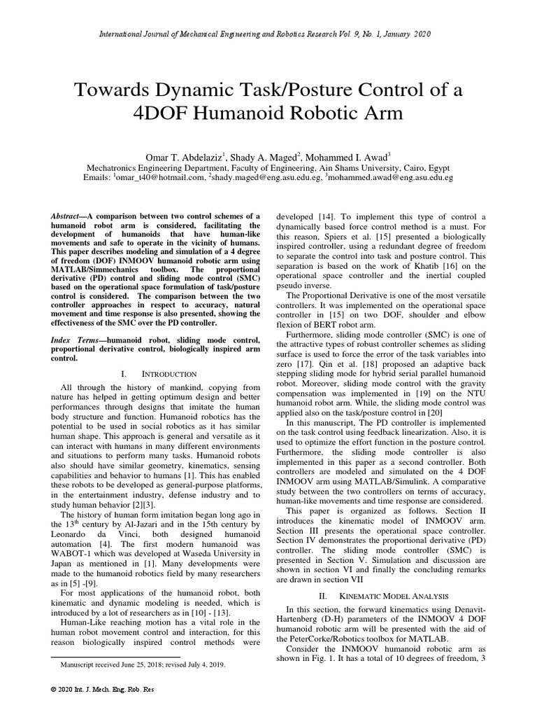 Towards Dynamic Task Posture Control Of A 4dof Humanoid Robotic Arm Pdf Robotics Control