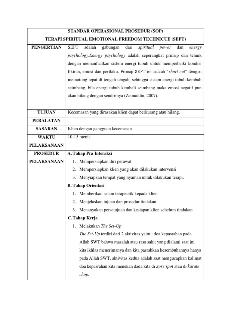 SOP Terapi SEFT untuk Kecemasan | PDF