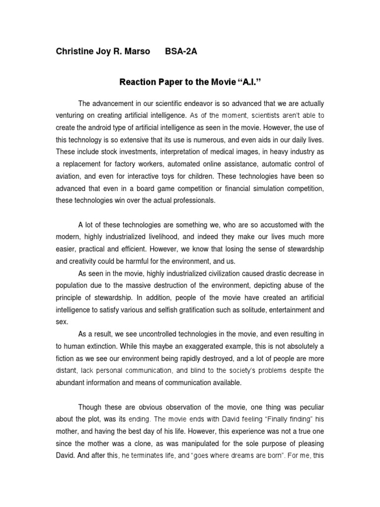 Reaction Paper To The Movie A I | PDF | Artificial Intelligence ...