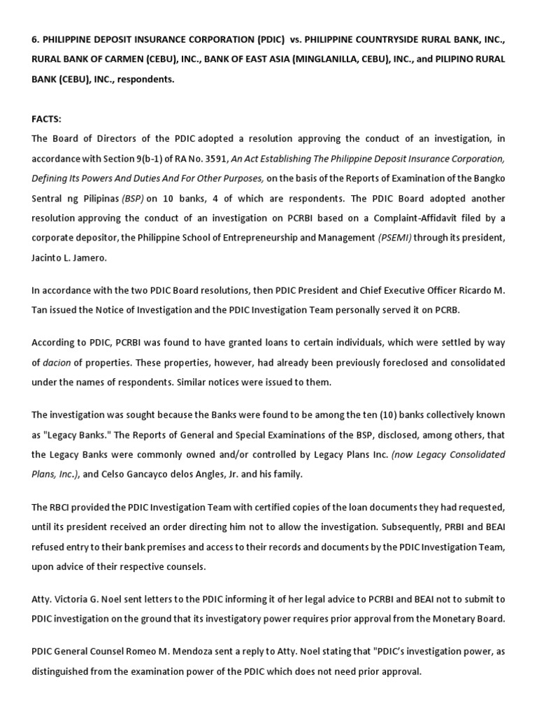 PDIC Vs Philippine Countryside Rural Bank | PDF | Banks | Financial ...