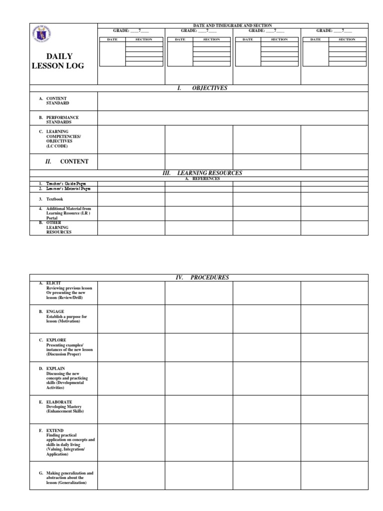 Daily Lesson Log and Reflection for 7th Grade Class | PDF | Learning ...
