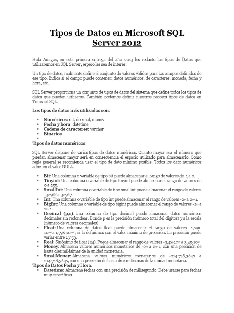 Tipos de Datos en Microsoft SQL Server | PDF | Tipo de datos | Byte