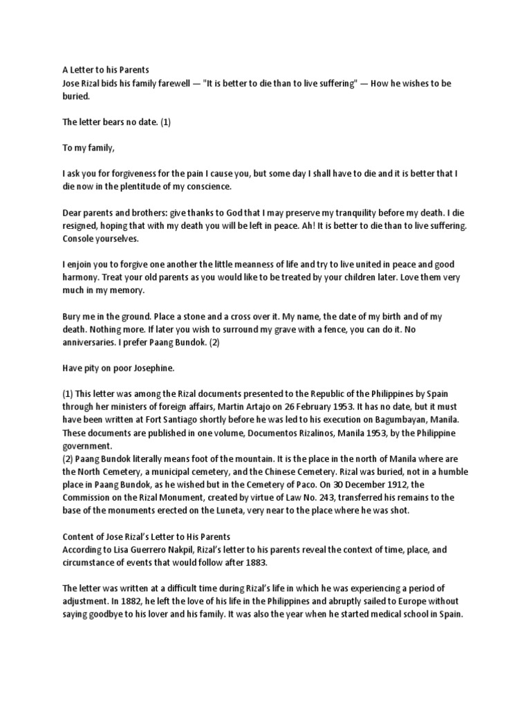 Rizal's Farewell Letter to His Family | PDF