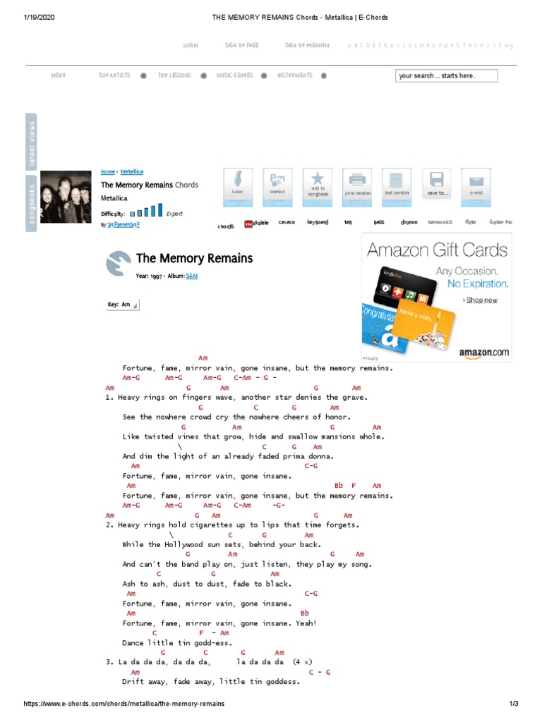 THE MEMORY REMAINS Chords - Metallica - E-Chords | PDF | Entertainment ...