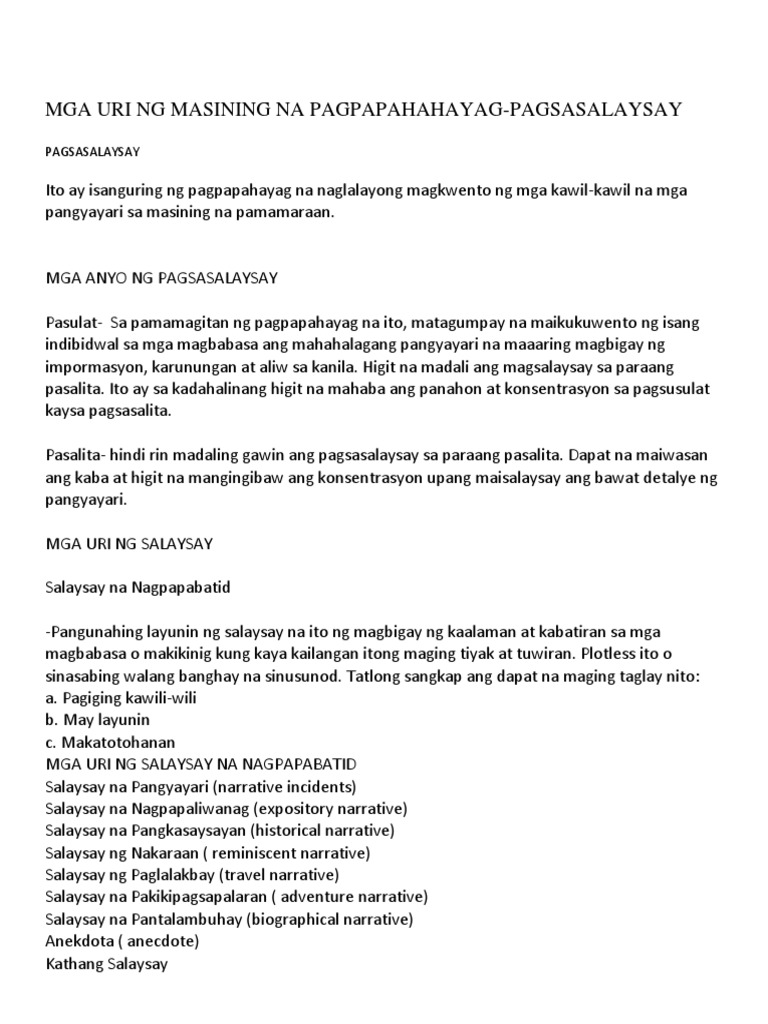 Mga Uri NG Masining Na Pagpapahahayag - Pagsalaysay | PDF