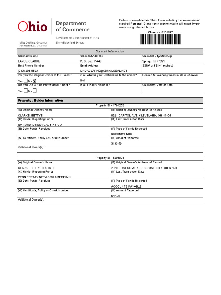 Ohio Unclaimed Funds Claim Form | PDF | Identity Document | Trust Law