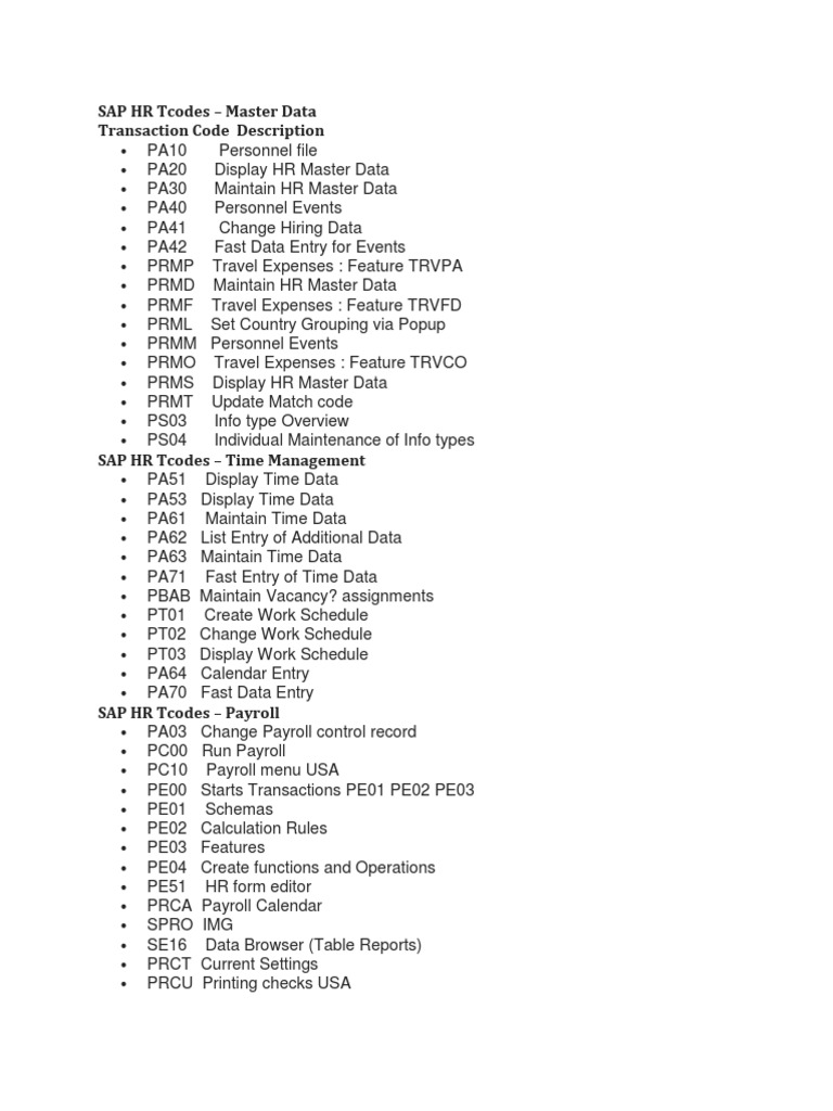 SAP HR Tcodes | PDF | Databases | Information Technology