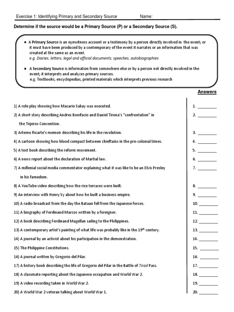 EXERCISE ONE Identifying Primary and Secondary Source Name 1 | PDF ...