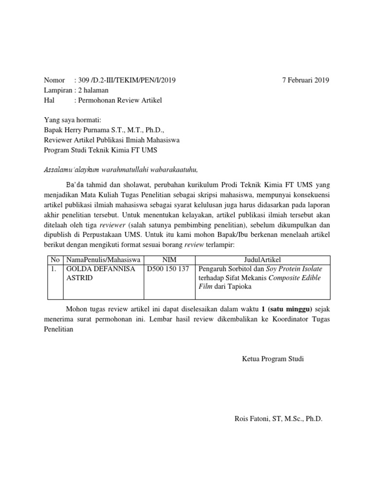Contoh Surat Permohonan Review Artikel | PDF