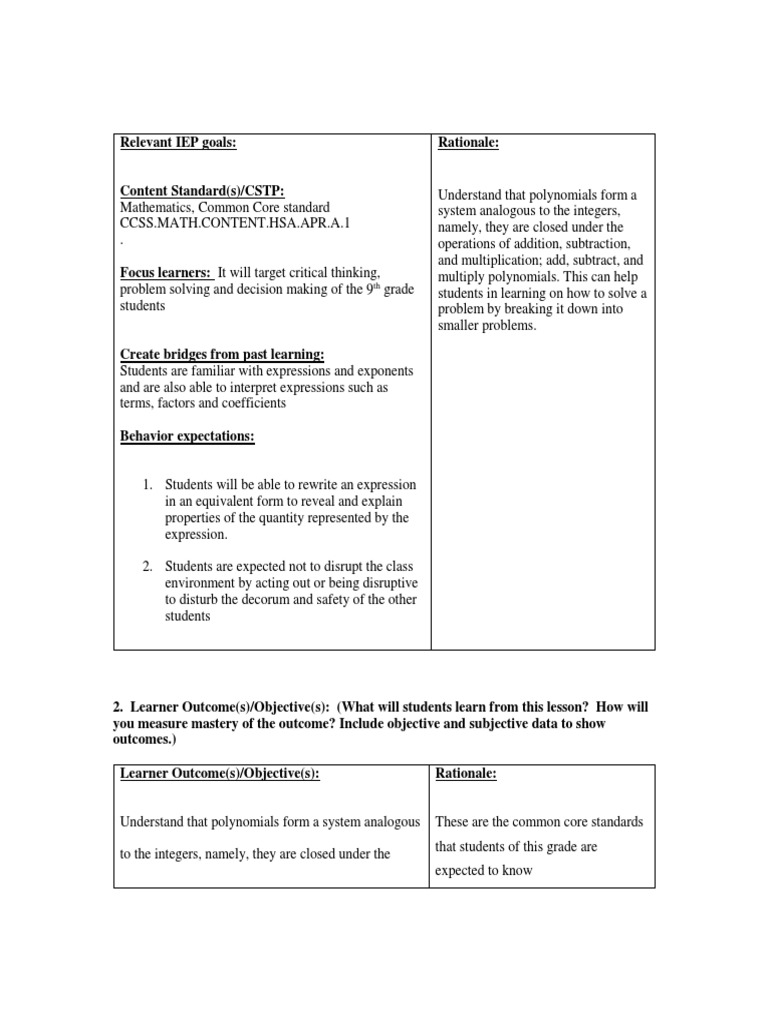 Lesson Plan - Polynomials | PDF | Educational Assessment | Education Theory