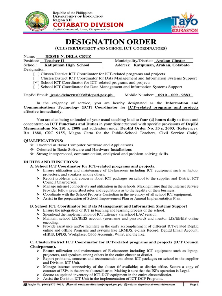 ICT Coordinator Designation Letter | PDF | Internet Service Provider | Information And ...