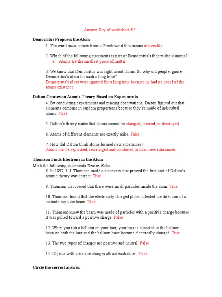 Atomic Structure Worksheet - 1 Key | PDF | Atoms | Electric Charge
