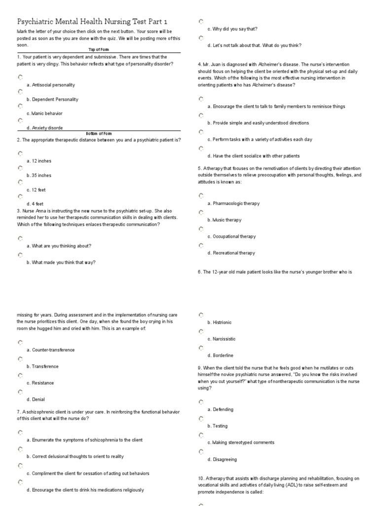 Psychiatric Mental Health Nursing Test Part 1 | PDF | Antisocial ...