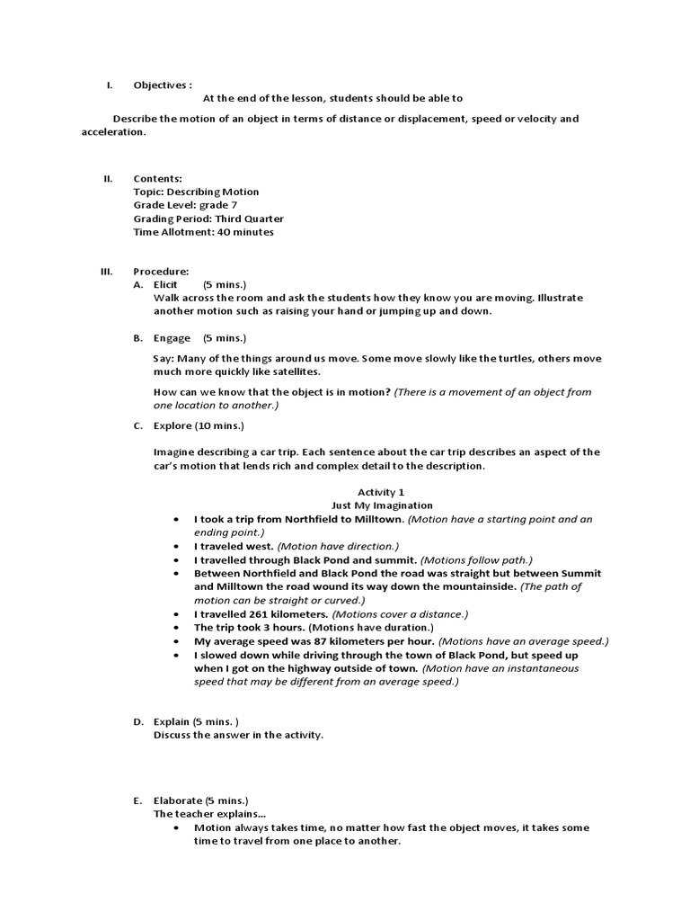 Grade 7 Motion Lesson Plan | PDF | Speed | Change