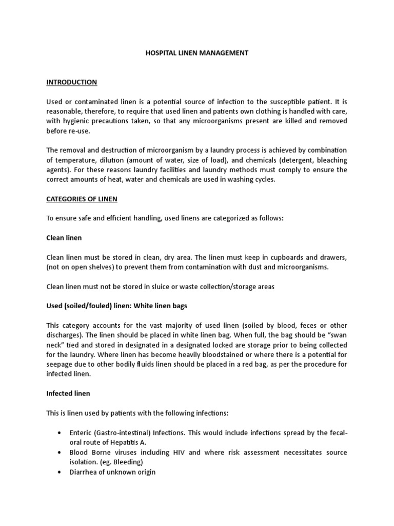 Hospital Linen Management | PDF | Laundry | Infection