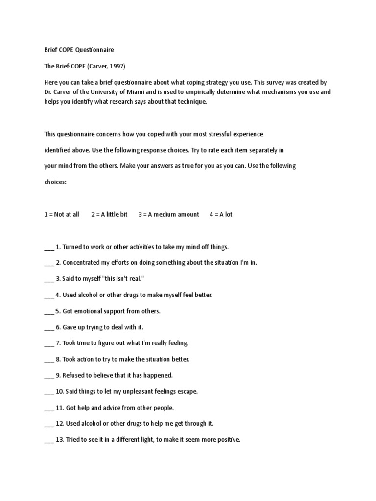 Brief COPE Questionnaire Overview | PDF | Social Support | Emotions