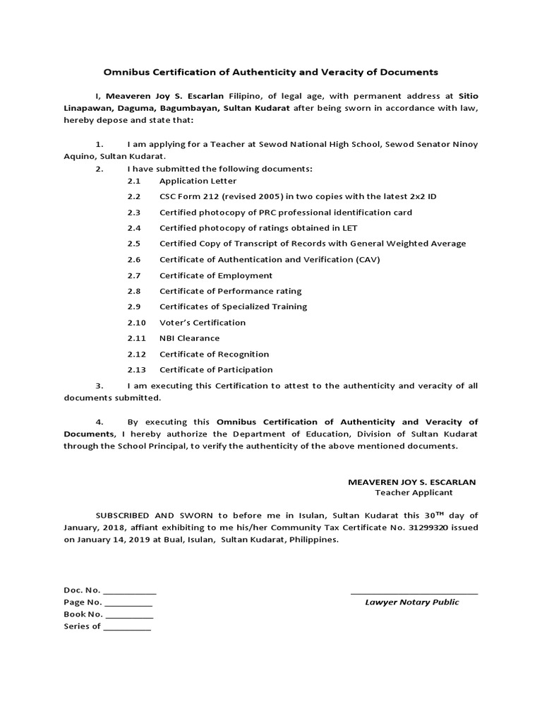 Omnibus Certification of Authenticity and Veracity of Documents | PDF ...