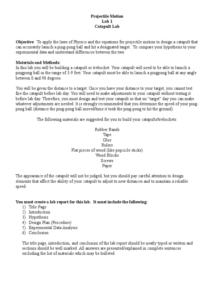 Catapult Design and Projectile Motion Lab | PDF | Speed | Table Tennis
