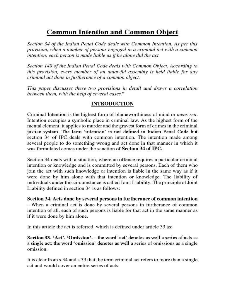 Common Intention and Common Object | PDF | Mens Rea | Criminal Law