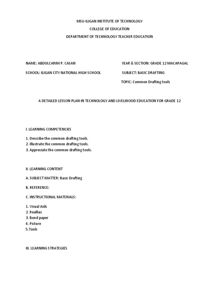 PLESSON PLAN Drafting Tools | PDF | Drawing | Technical Drawing