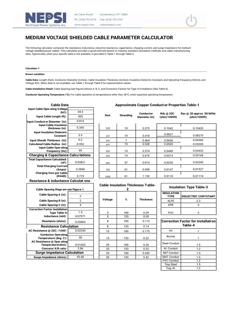 Medium Voltage Cable Parameter Calculator | PDF | Inductance ...