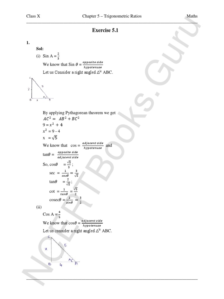 Chapter 5 – Trigonometric Ratios: Exercise 5.1 - Calculating Trigonometric Ratios for Given ...