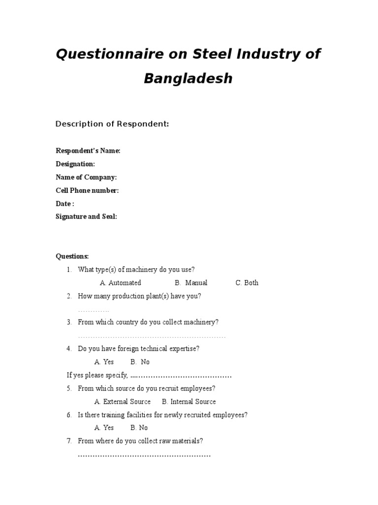 Questionnaire On Steel Industry 0deformed Bar | PDF | Pricing | Marketing