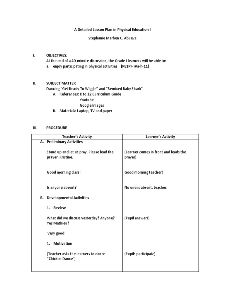 Grade 1 Physical Education Lesson Plan | PDF | Pedagogy | Behavior ...