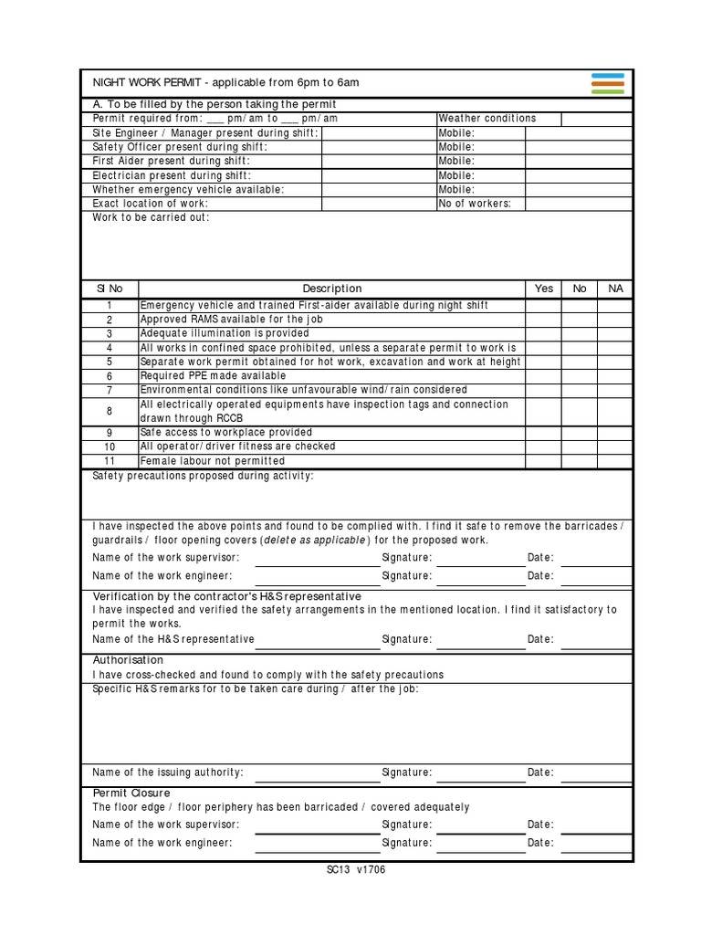 SC13 Night Work Permit - Ver1 | PDF | Safety | Business
