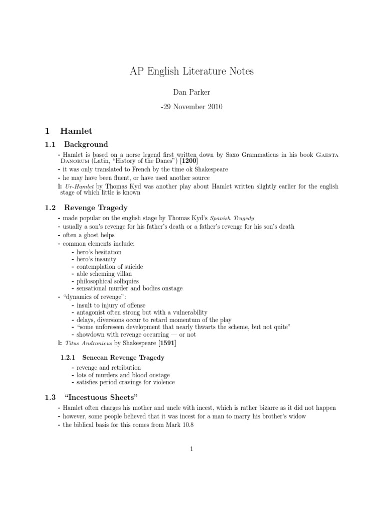 AP English Literature Notes: 1 Hamlet | PDF | Hamlet | William Shakespeare