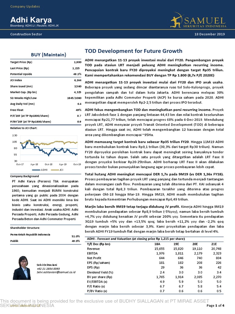 Samuel Sekuritas ADHI - TOD Development For Future Growth | PDF