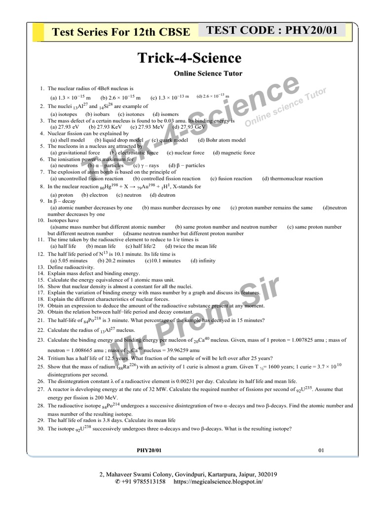 CBSE 12th Nuclear Physics Test Series | PDF | Atomic Nucleus ...
