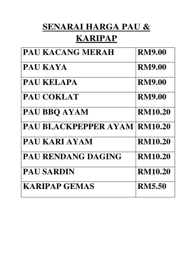 Senarai Harga Pau | PDF