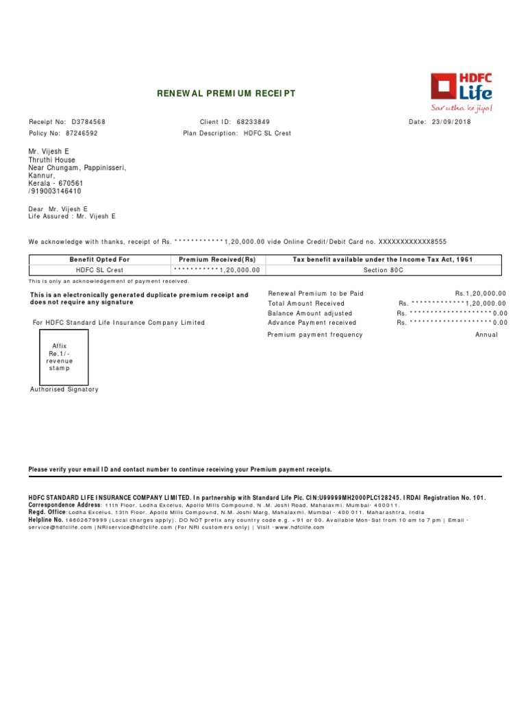 HDFC Life Premium Payment Receipt | PDF