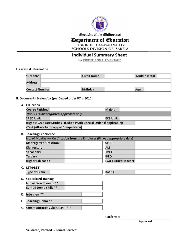 Teacher Application Summary Sheet | PDF | Kindergarten | Test (Assessment)