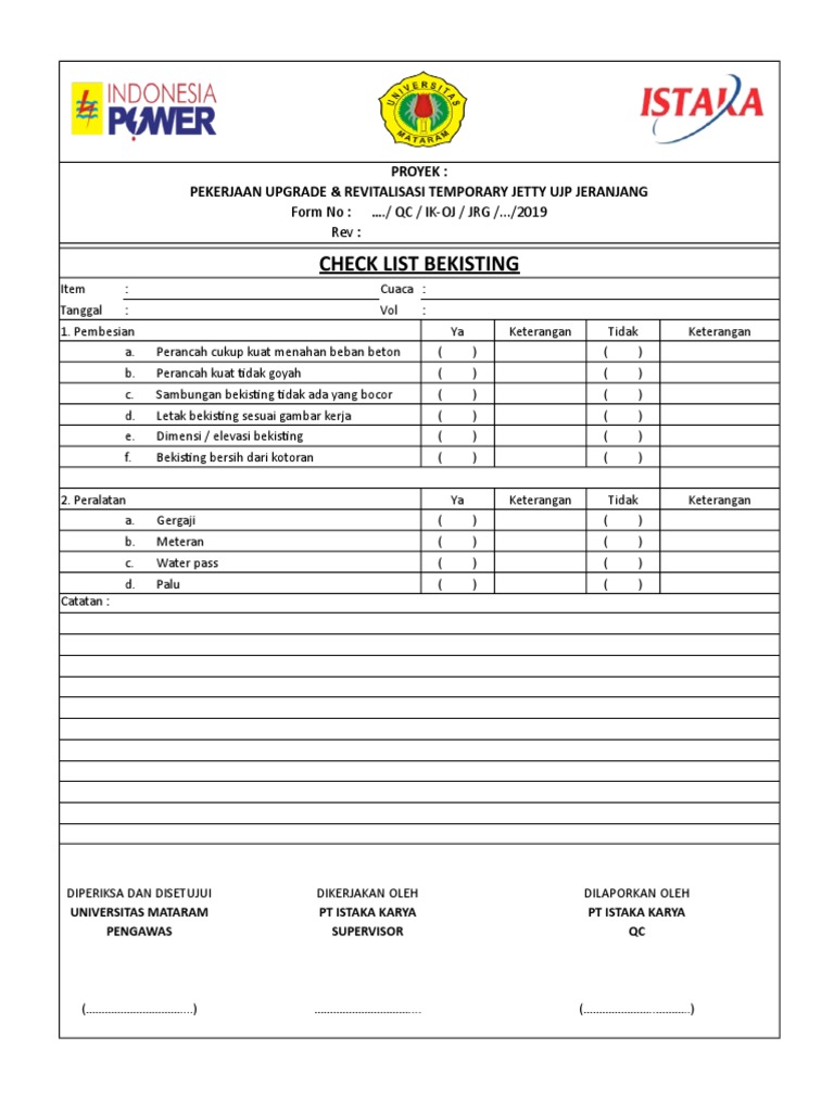 Form Cek List Bekisting | PDF